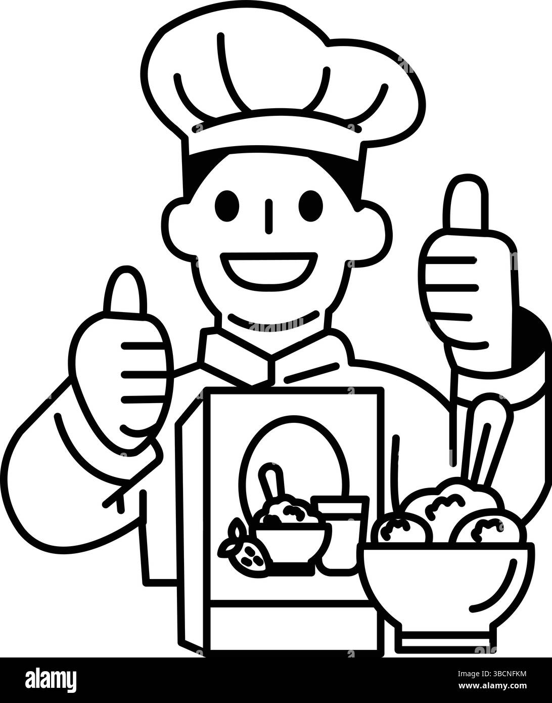 A chef is holding a box of food and giving thumbs up. The box is ...