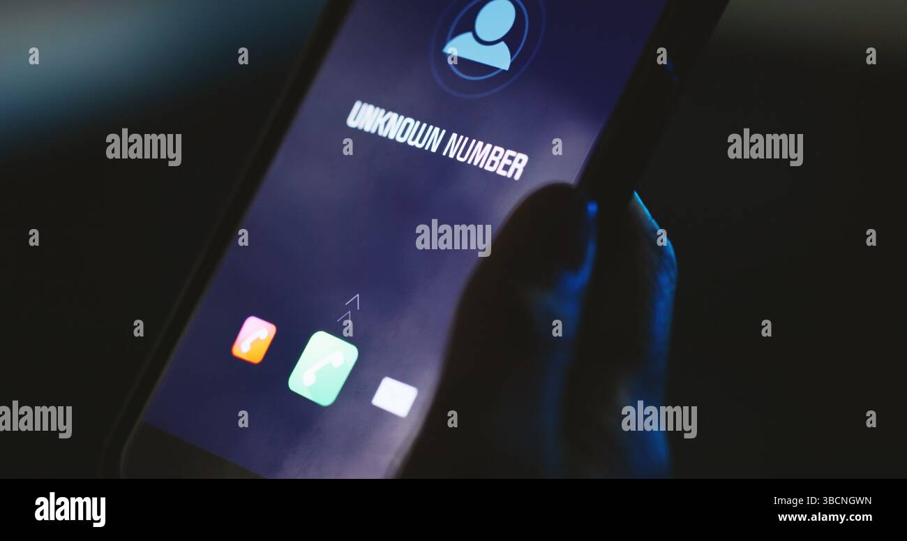 Phone call, screen or hand with unknown number, alert or icon display ...