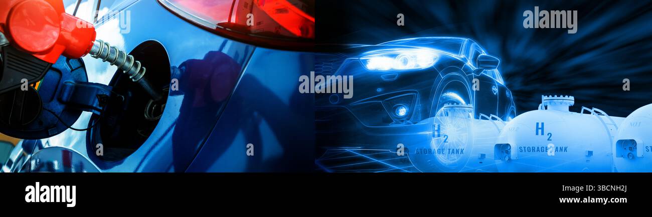 Energy transition concept. Traditional fossil fuel gas station ...