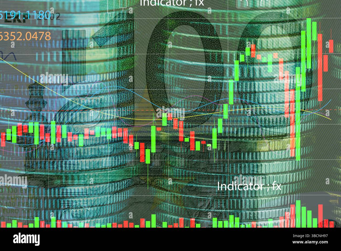 Cryptocurrency trading charts alongside physical euro banknotes and ...