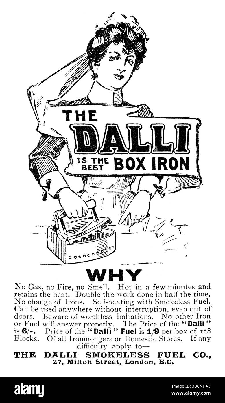 1904 British advertisement for the Dalli box iron Stock Photo - Alamy