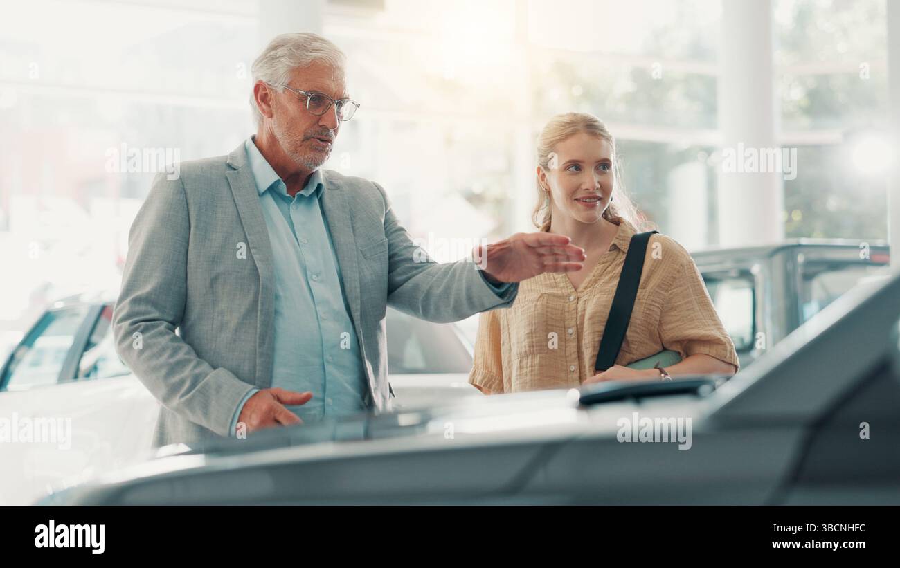 People, customer and salesman with talking for car dealership ...