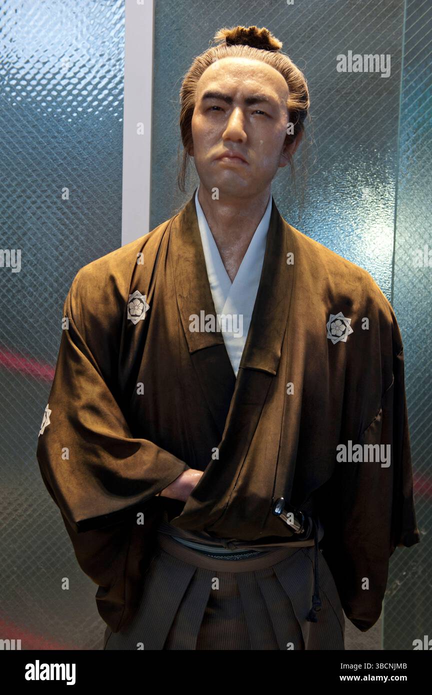 Life-size lifelike wax sculpture figure of Sakamoto Ryoma, a famous Tosa samurai, at the ...