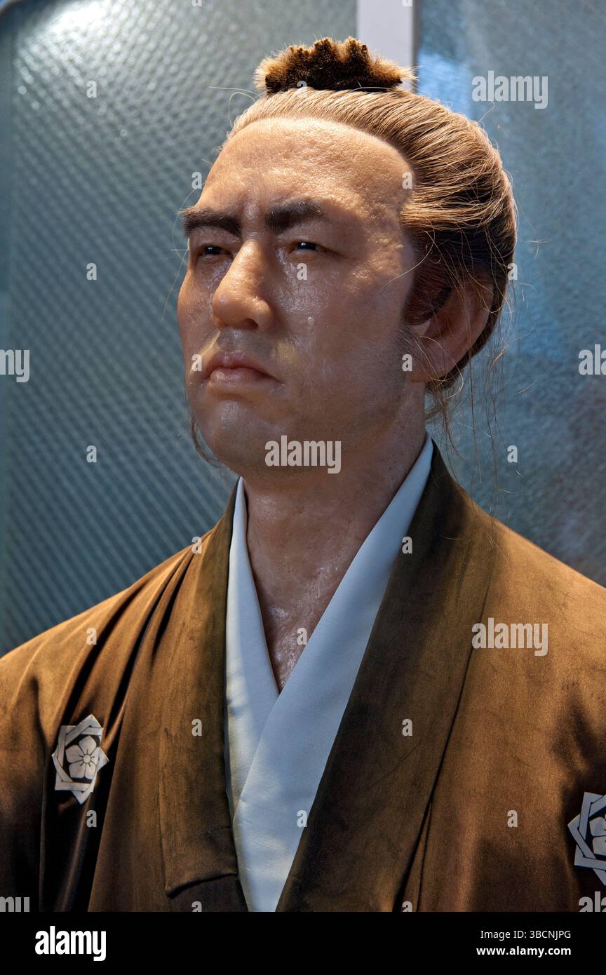 Life-size lifelike wax sculpture figure of Sakamoto Ryoma, a famous Tosa samurai, at the ...