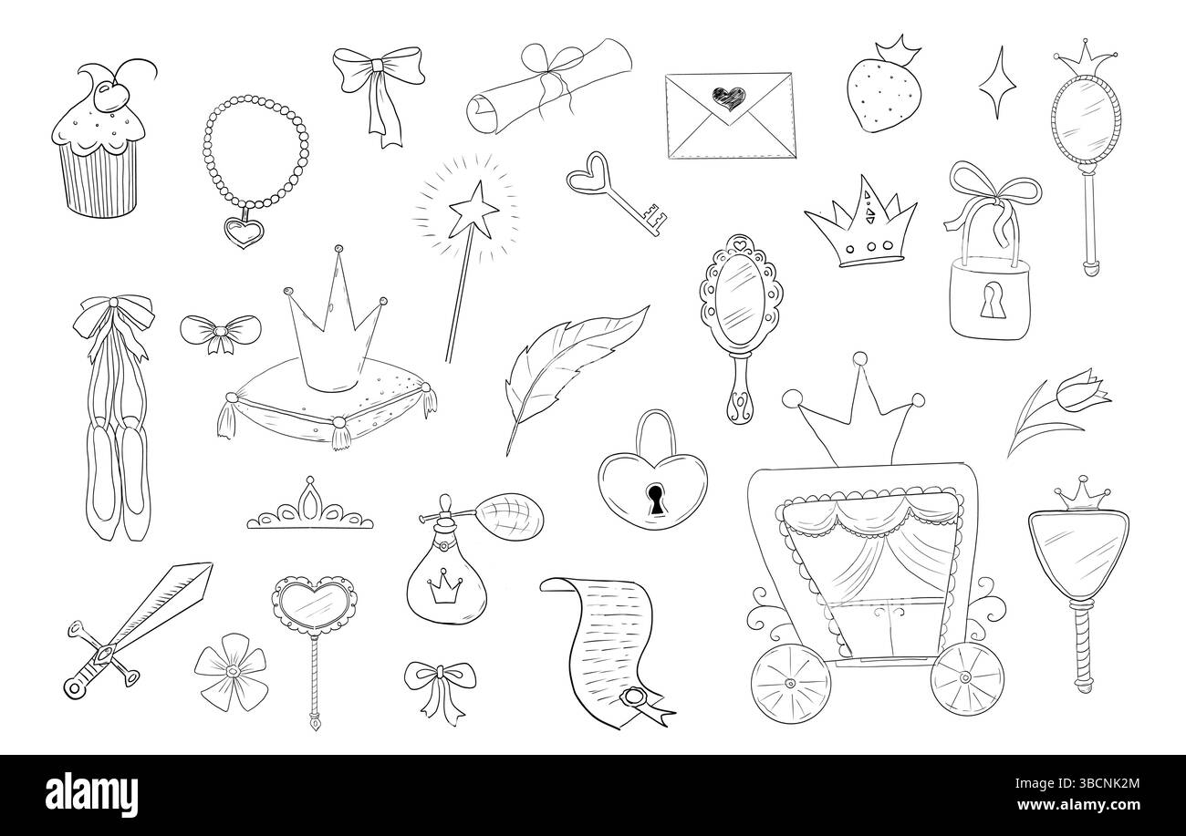 Princess set cute hand drawn sketch. Girl magic fairy mirror, pageant ...