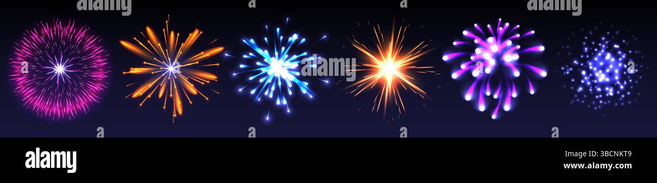Firework explosion effects set isolated on black background. Vector ...