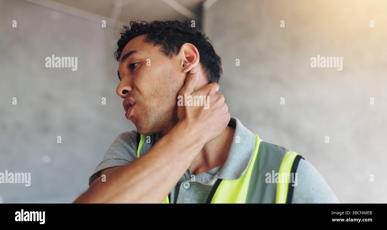 Man, construction worker and neck pain for renovation, project and ...