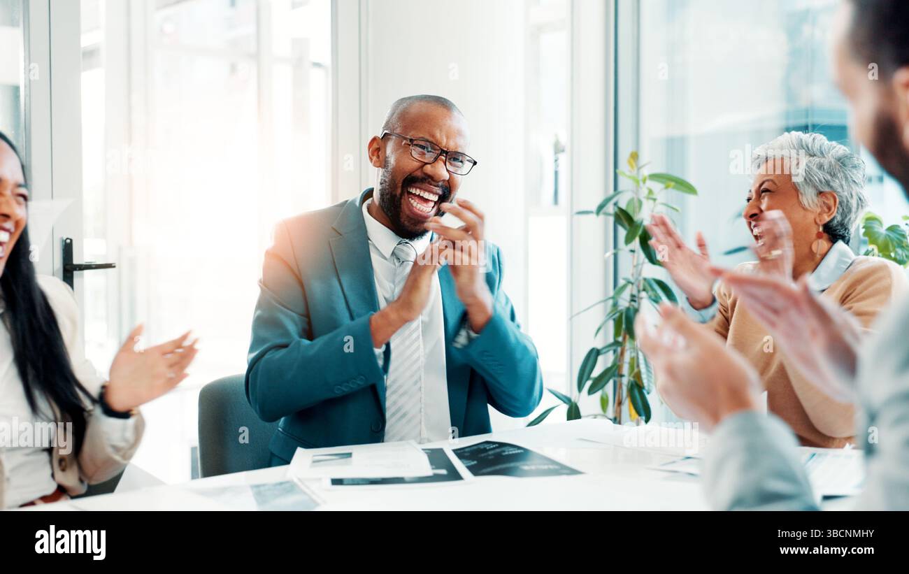 Business people, excited and team clapping in office for success ...