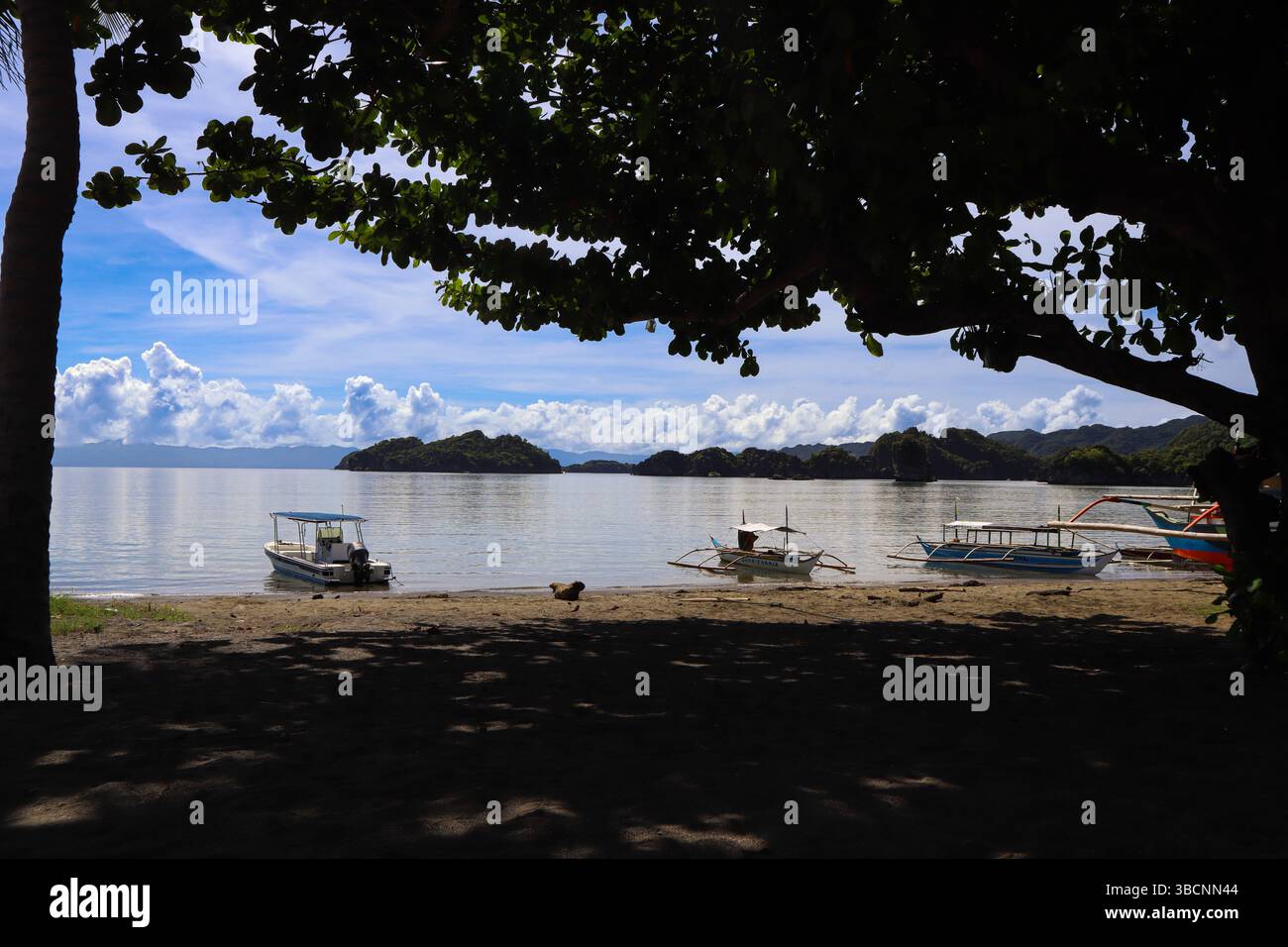 Boats sit idly at the Paniman Beach, Caramoan Peninsula, Camarines Sur ...