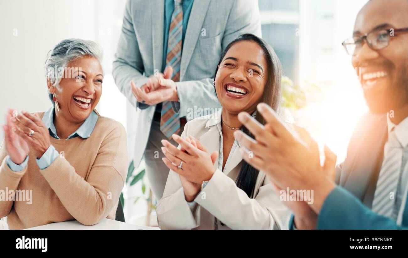 Business people, laugh and audience clapping for support, success or ...
