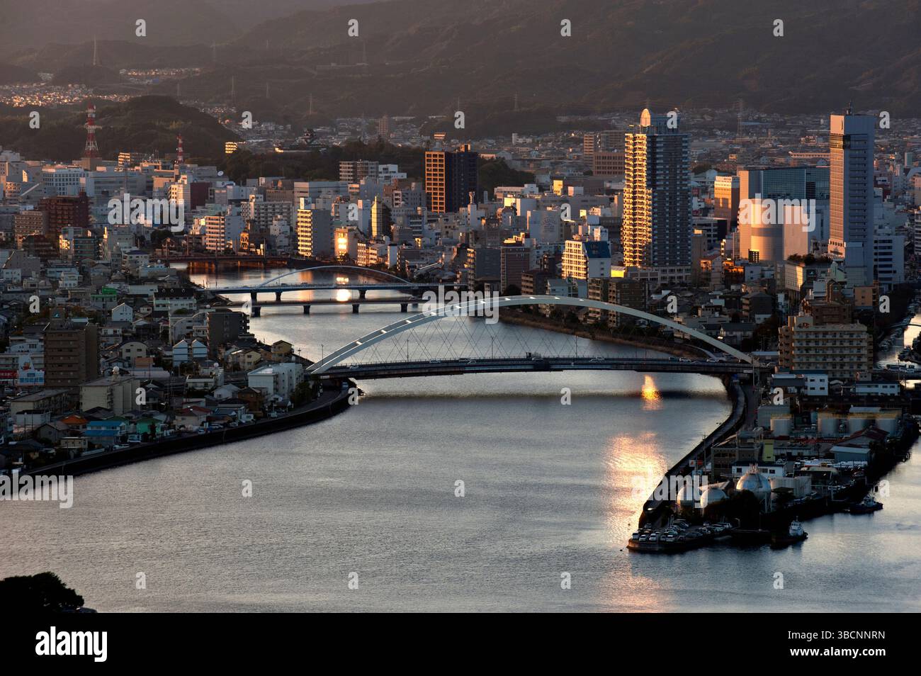 Aerial panoramic view from Godaisan Park of Kochi City with the Kagami ...