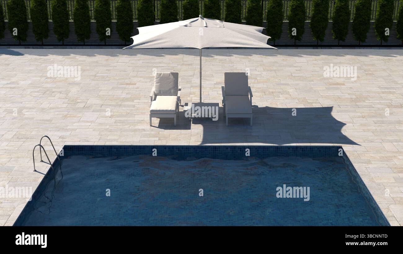 Luxury swimming pool with deep blue mosaic tiles, beige modular stone ...