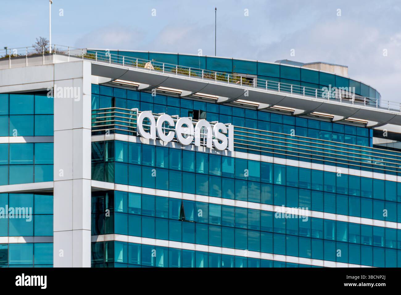 Sign and logo on the building housing Acensi's headquarters. Acensi is ...