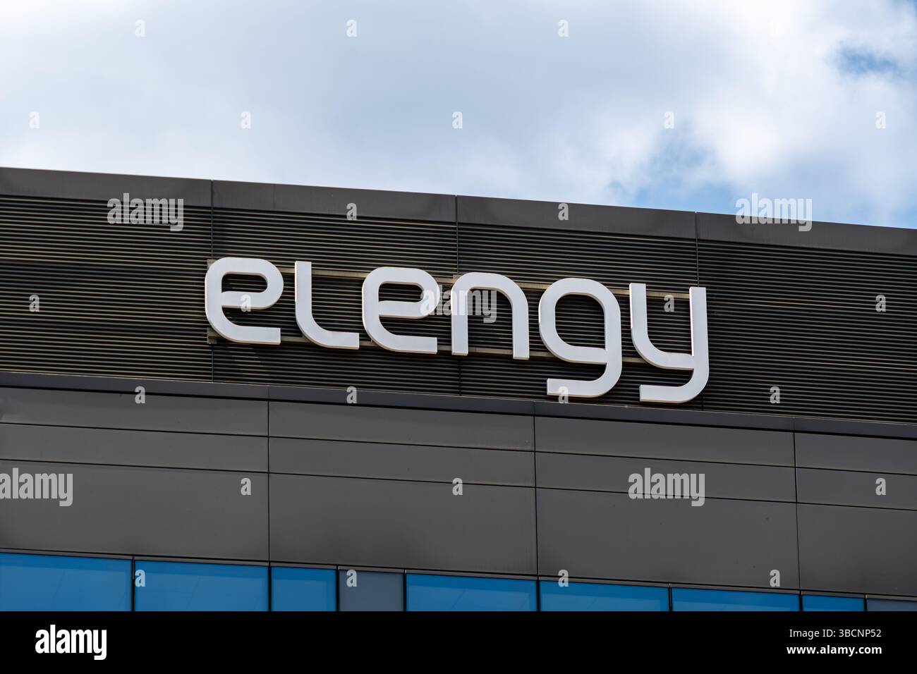 Sign and logo on the Elengy headquarters. Elengy is a subsidiary of ...