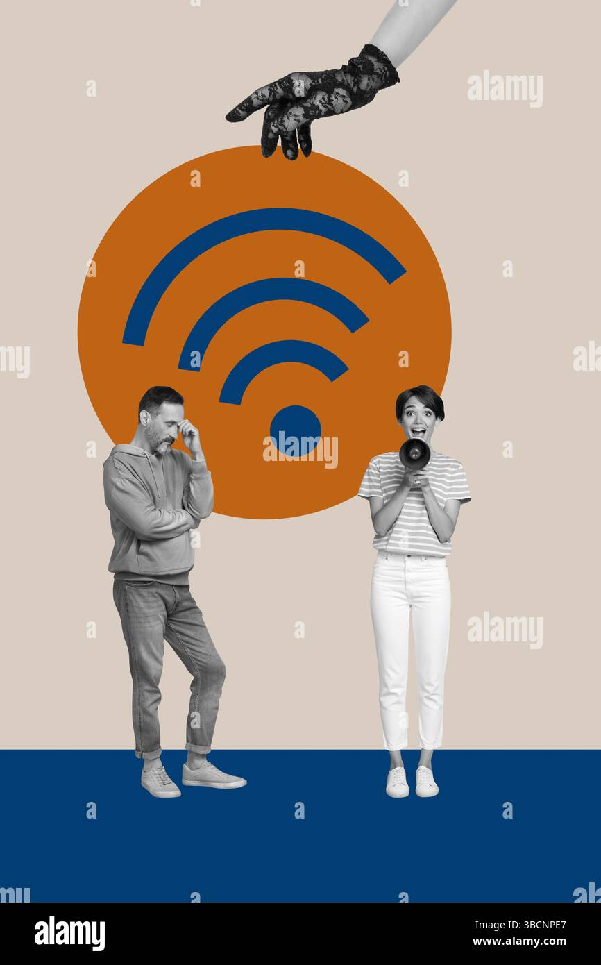 Banner vertical 3d collage poster of happy business partners stand wifi ...