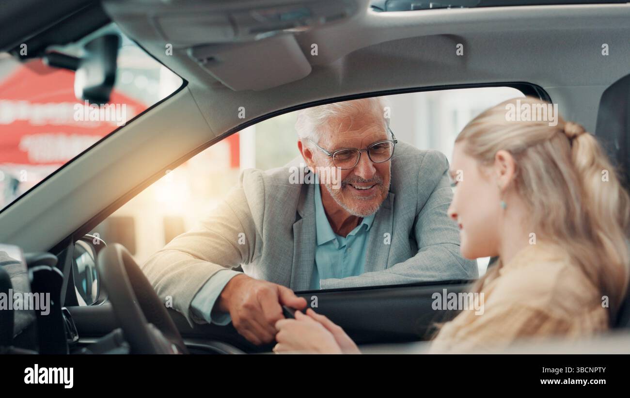 New car, woman or mature salesman with keys at dealership for purchase ...
