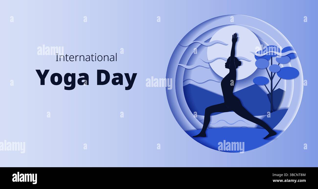 International Yoga Day. Horizontal template. Virabhadrasana pose ...