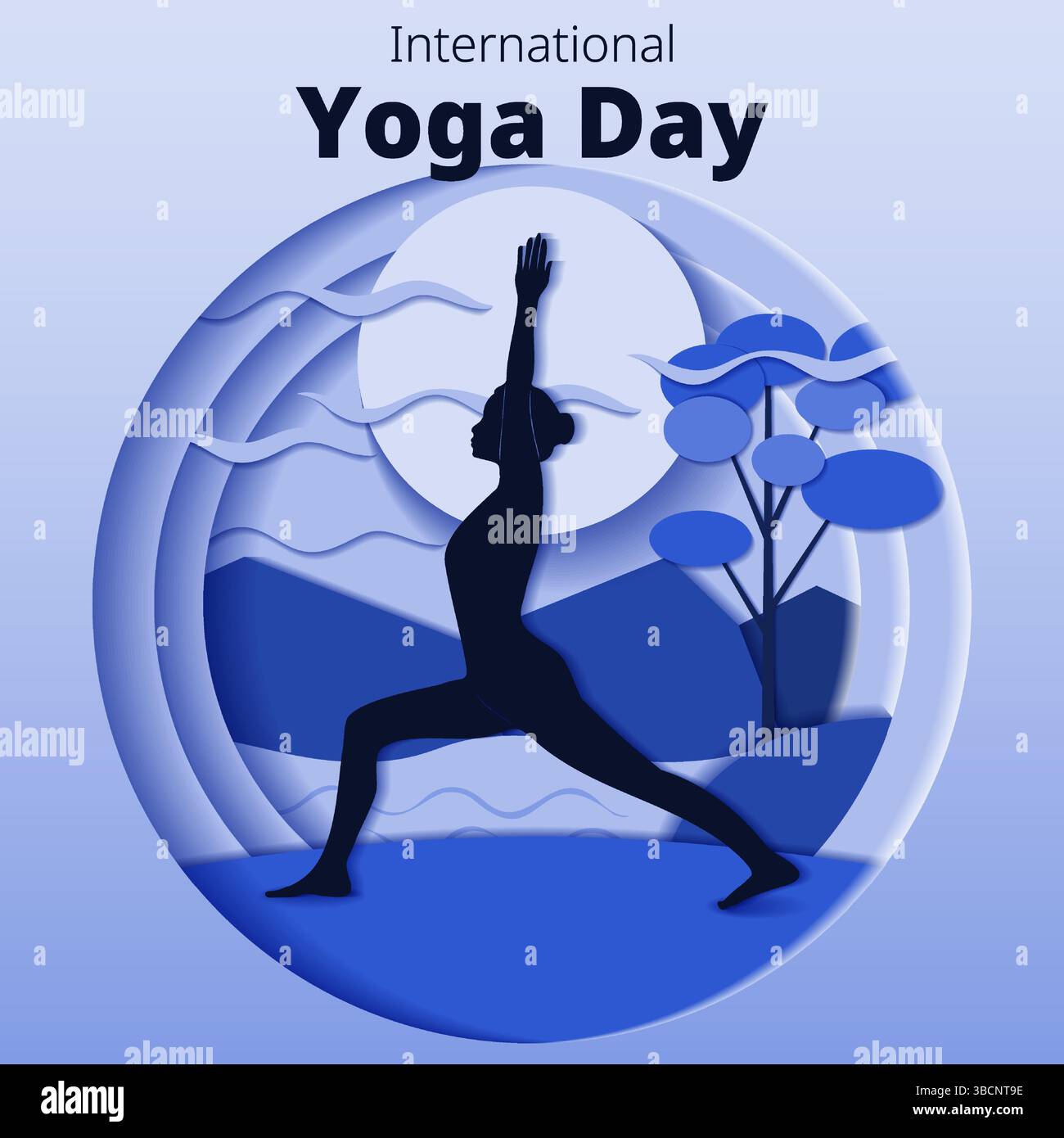 International Yoga Day. Square template. Virabhadrasana pose. Warrior ...