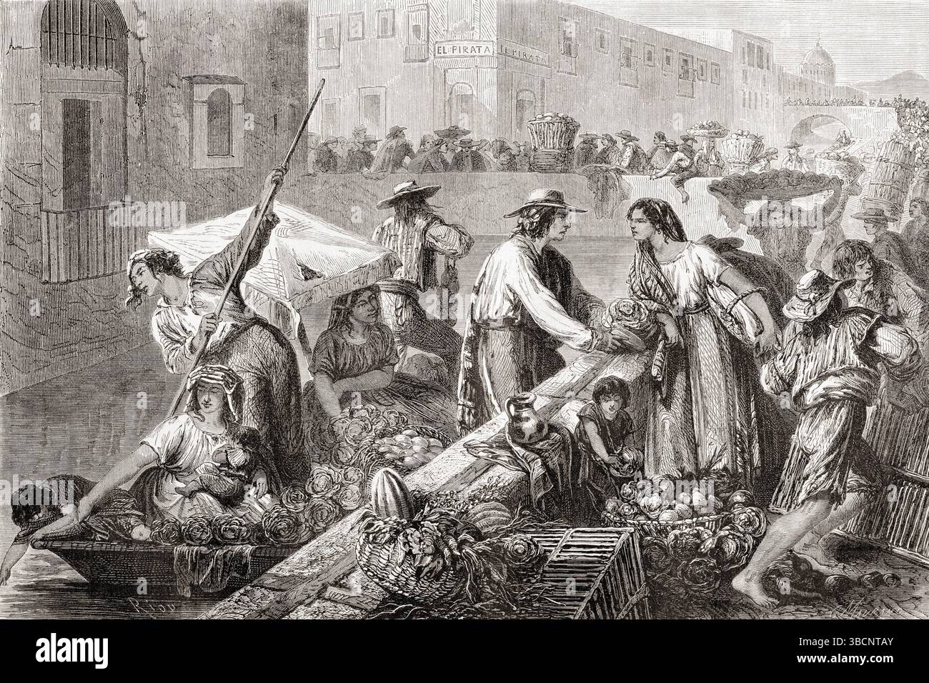 Market day on the Roldan Bridge, Canal de la Viga, Mexico City, Mexico, 19th century. From ...