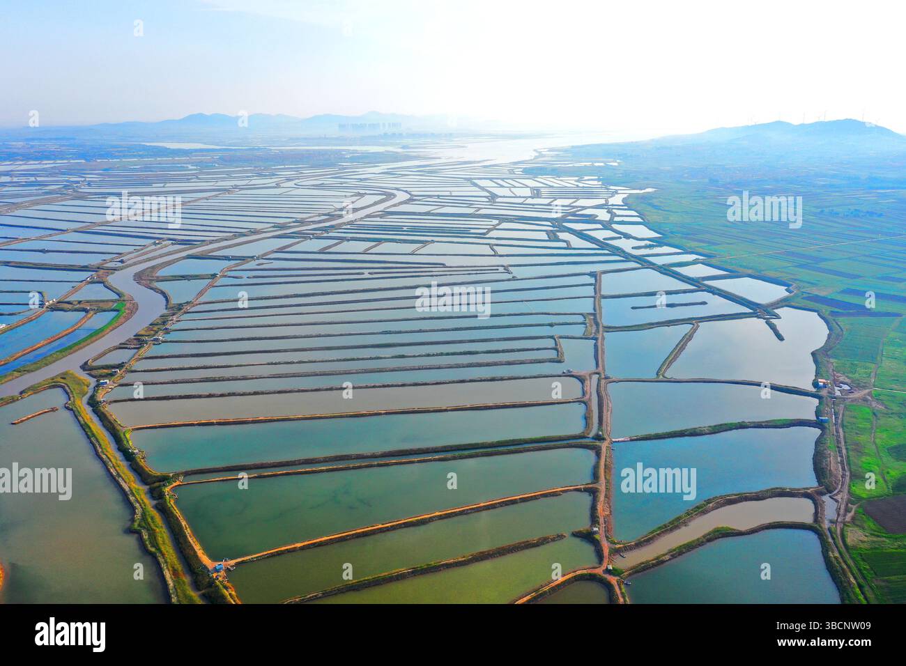 Aerial photo shows the marine aquaculture area in Qingdao City, east ...