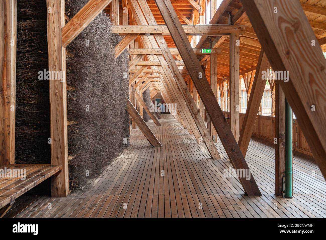 Wooden architectural interior with large beams and natural materials ...