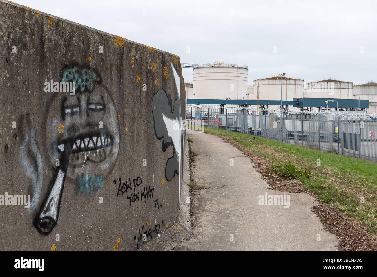 Graffiti along the Thames Path sea wall in the industrial area of West ...