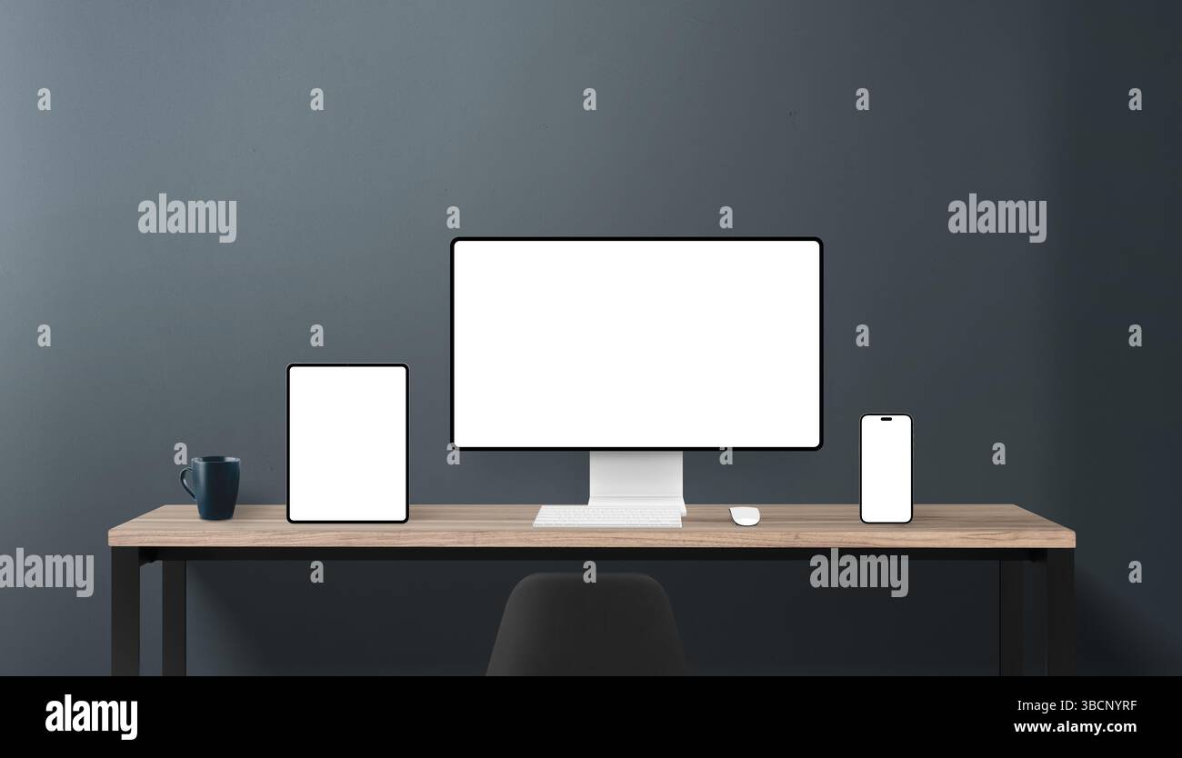 Modern workspace with vertical tablet, smartphone, and desktop monitor ...