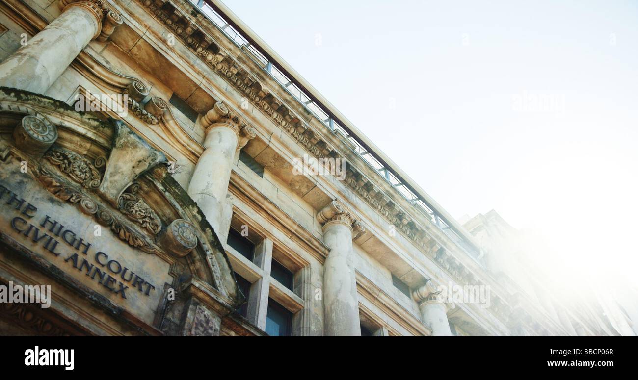 Below, building and court for justice, law and judicial with ...