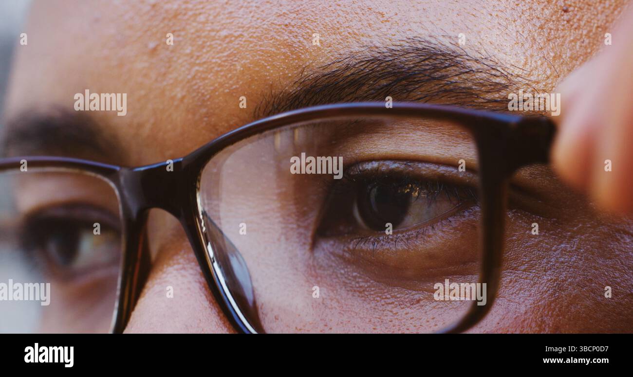 Eyes, thinking and person with glasses closeup for optometry, wellness ...