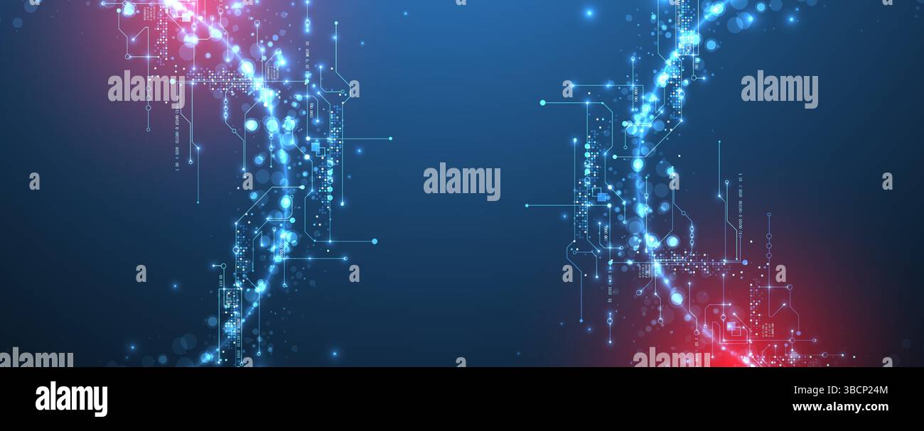 Digital circuit visualization vector background. Neon glowing board pattern with interconnected ...