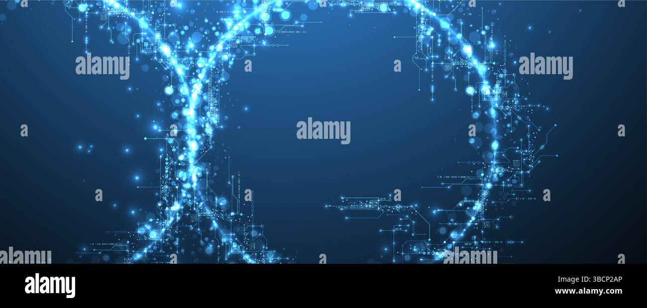 Digital circuit visualization vector background. Neon glowing board pattern with interconnected ...