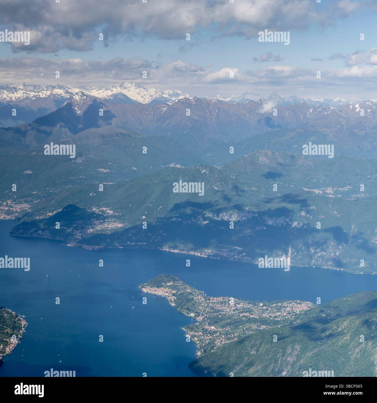 aerial landscape with Bellagio village on Lario lake shore, shot from a ...