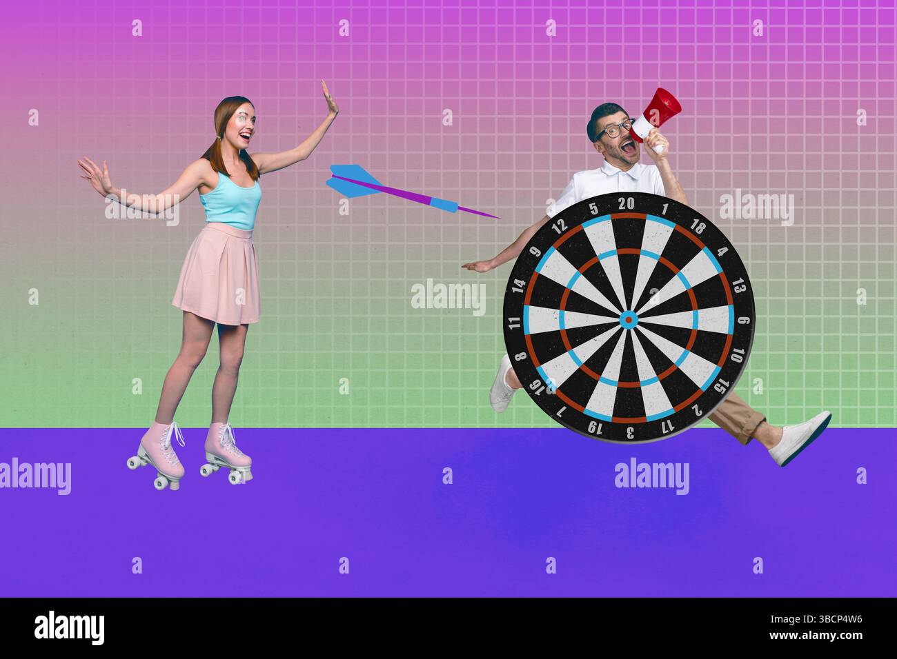 Collage of funny business man woman with darts board and arrow ...