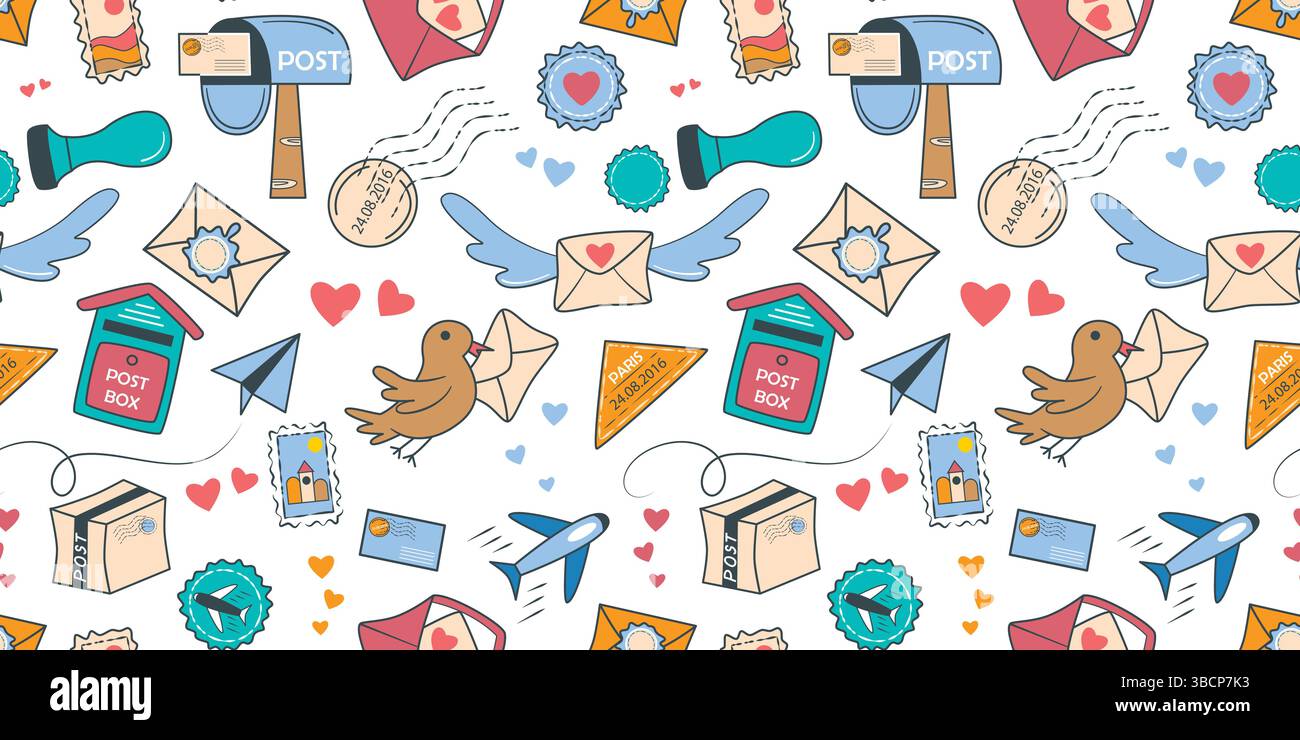 Post parcels and letters hand drawn seamless pattern. Background with ...