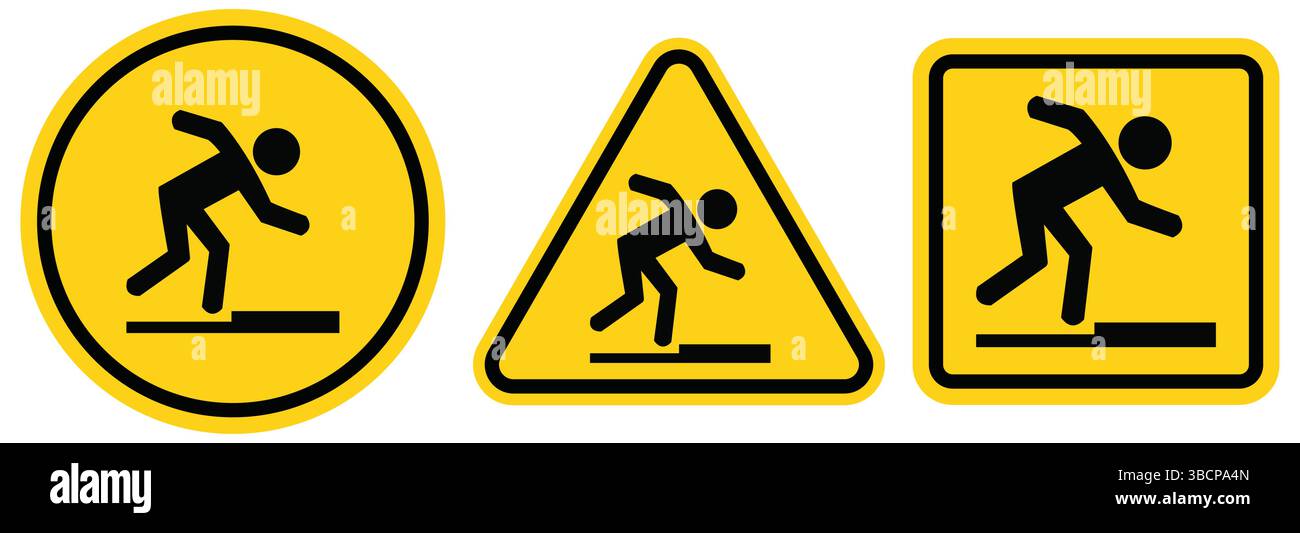 Tripping hazard symbol safety sign. Floor surface obstacle fall caution ...