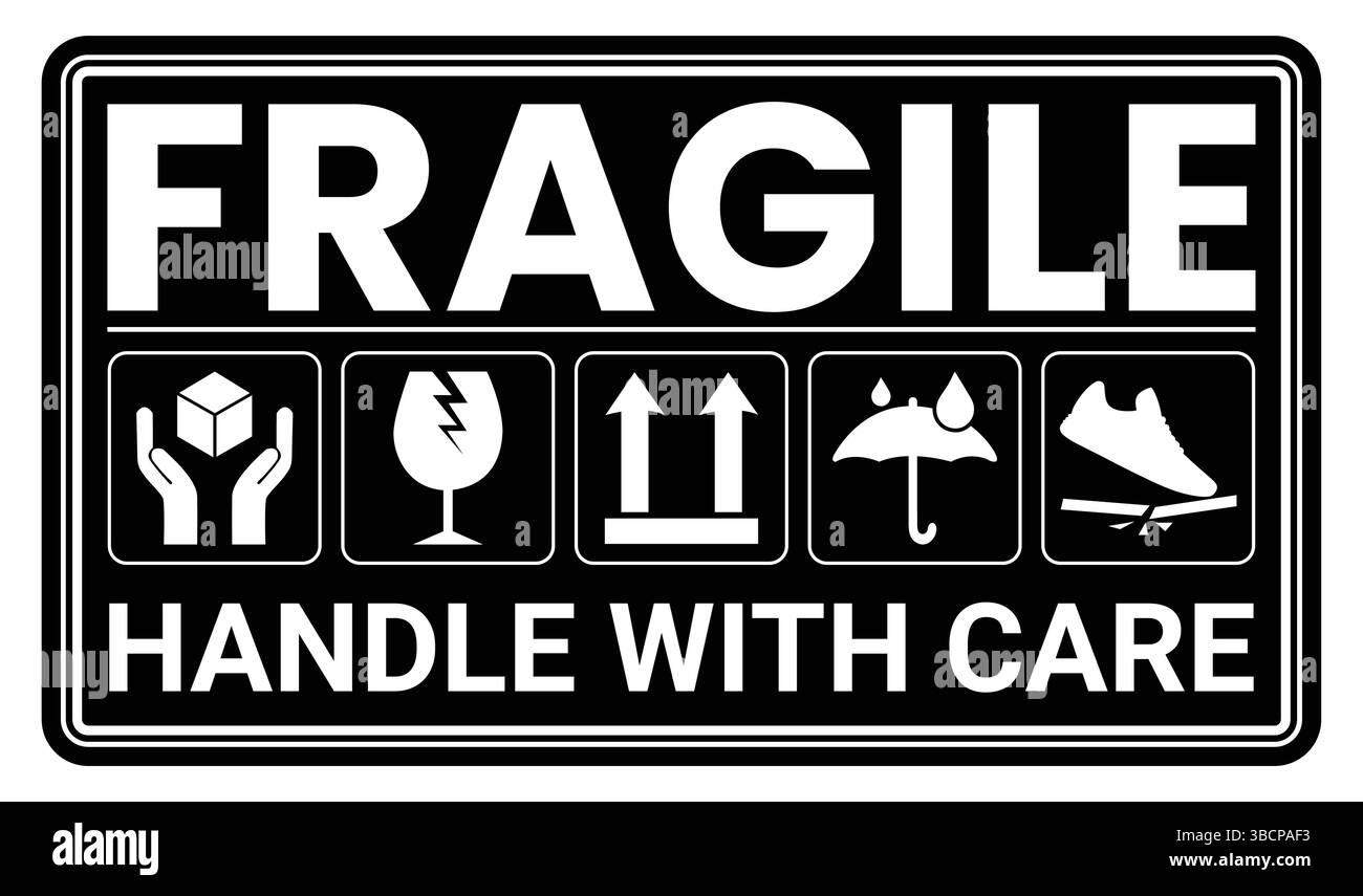 Fragile package icons set, handle with care logistics and delivery shipping labels. Fragile box ...