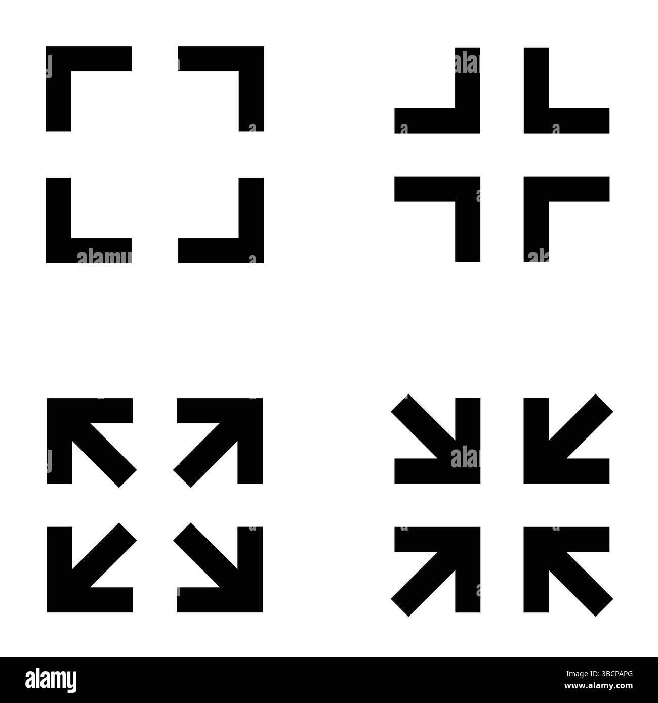 Collection of full screen and exit full screen icons. Arrow mark icons. Scalability icons in ...