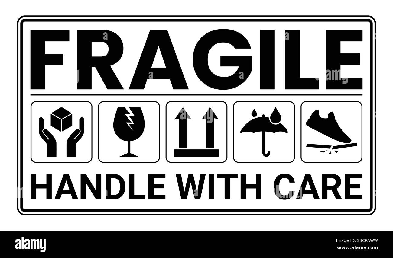 Fragile package icons set, handle with care logistics and delivery shipping labels. Fragile box ...