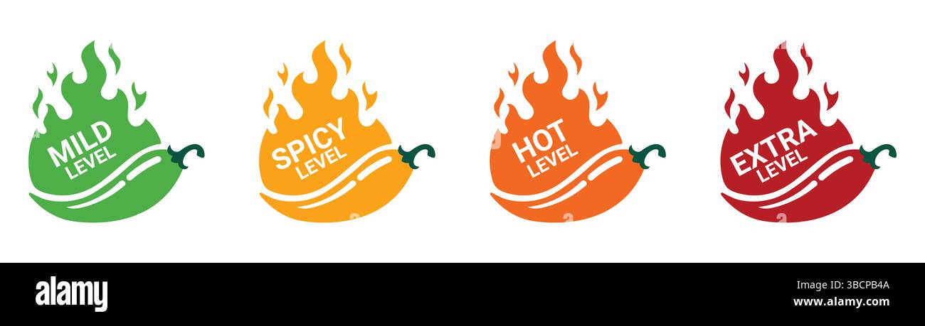 Red Chili Peppers Fire Flames icon. Chili mild level, spicy level, hot ...