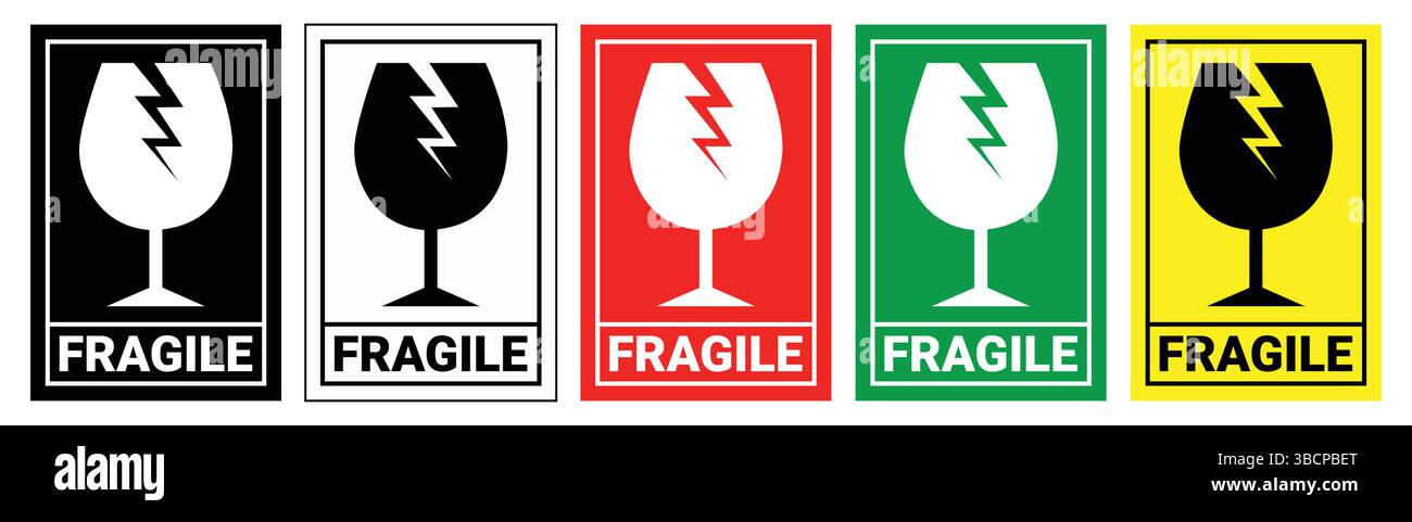 Fragile package icons set, handle with care logistics and delivery shipping labels. Fragile box ...