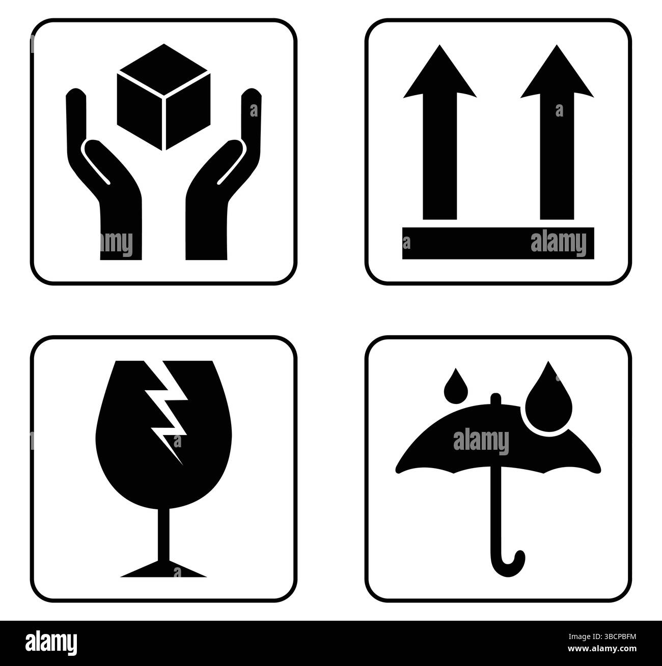 Fragile package icons set, handle with care logistics and delivery shipping labels. Fragile box ...