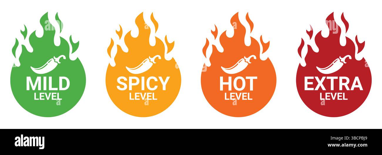 Red Chili Peppers Fire Flames icon. Chili mild level, spicy level, hot ...