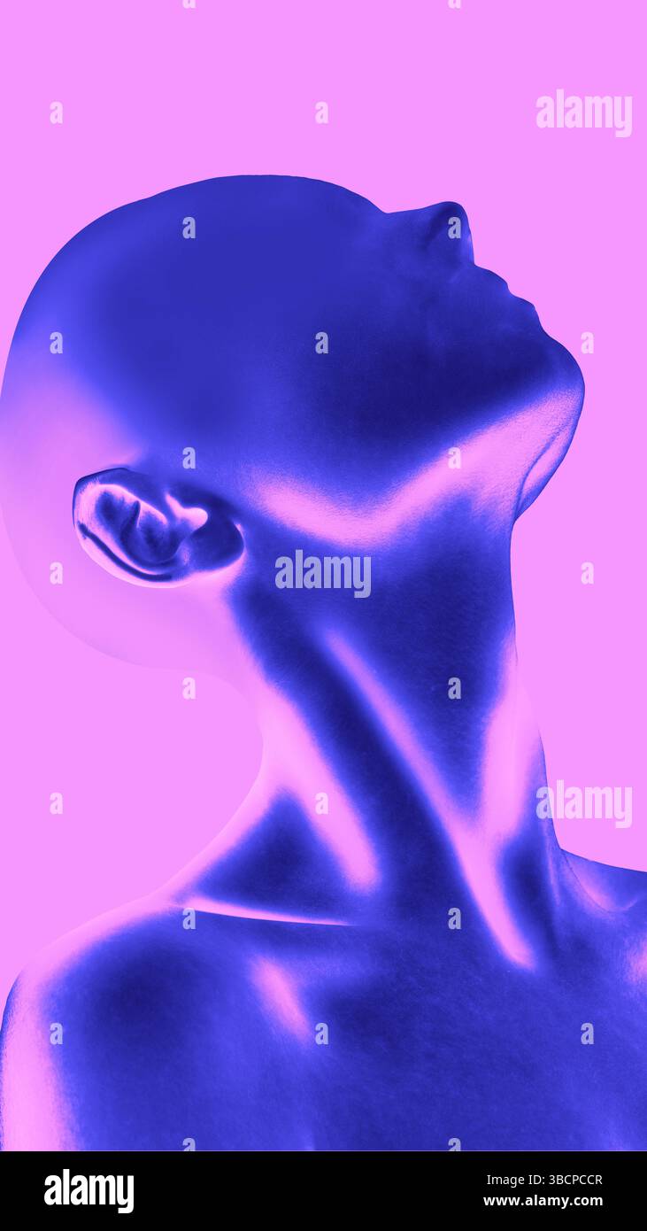 Minimalist artwork. Faceless figure in soft glowing violet light turns ...