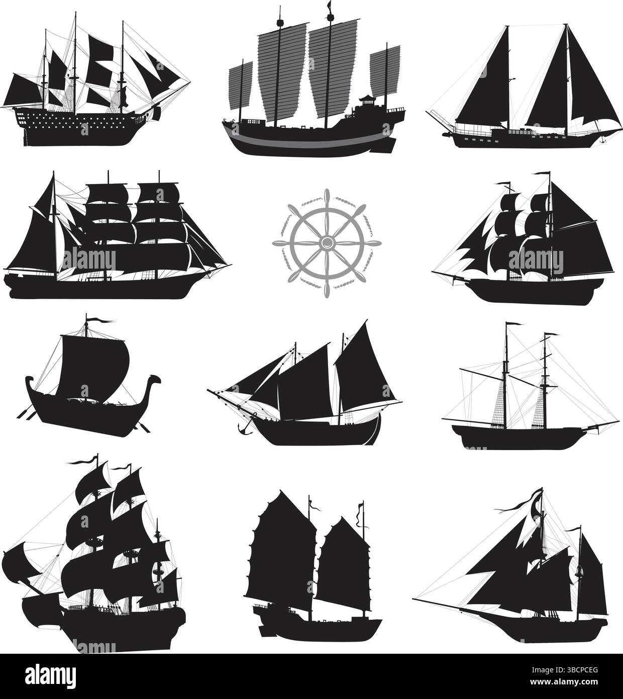 Sailing ships vector silhouettes collection with steering wheel symbol ...