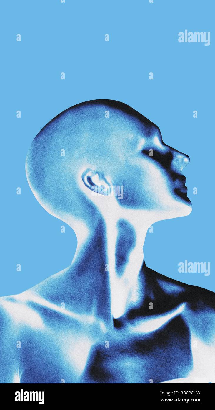 Surreal portrait. Blue glowing head turned sideways with sharpened ...