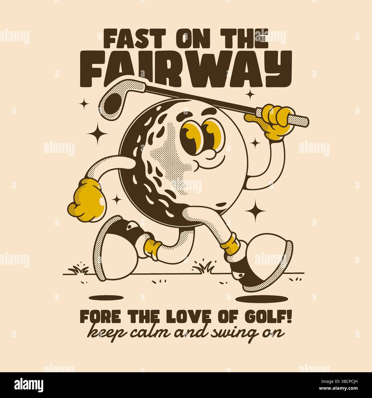 Vintage golf ball mascot runs happily with swinging energy Stock Vector ...