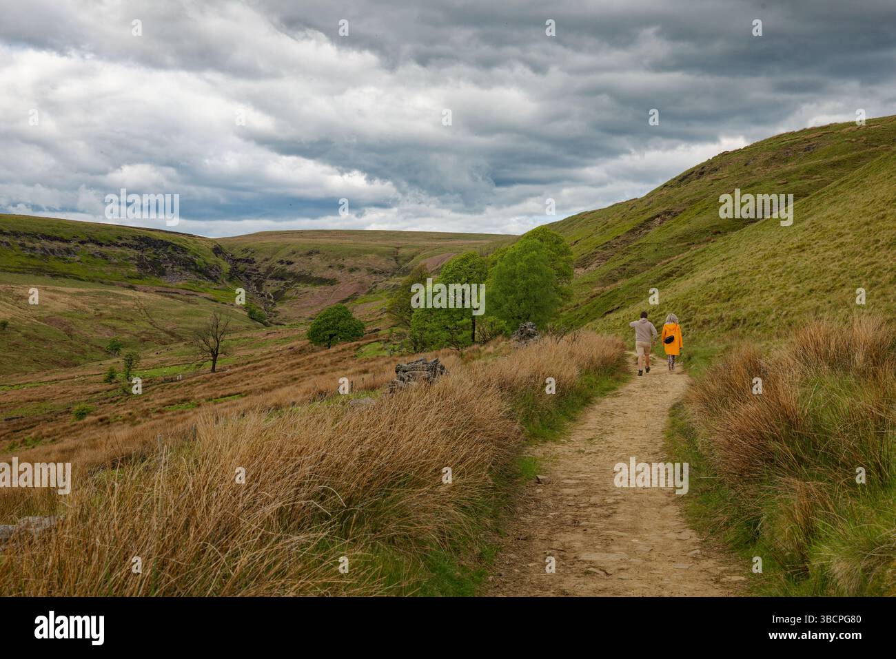 A couple (man and woman) walk away into the hills along a path in a ...