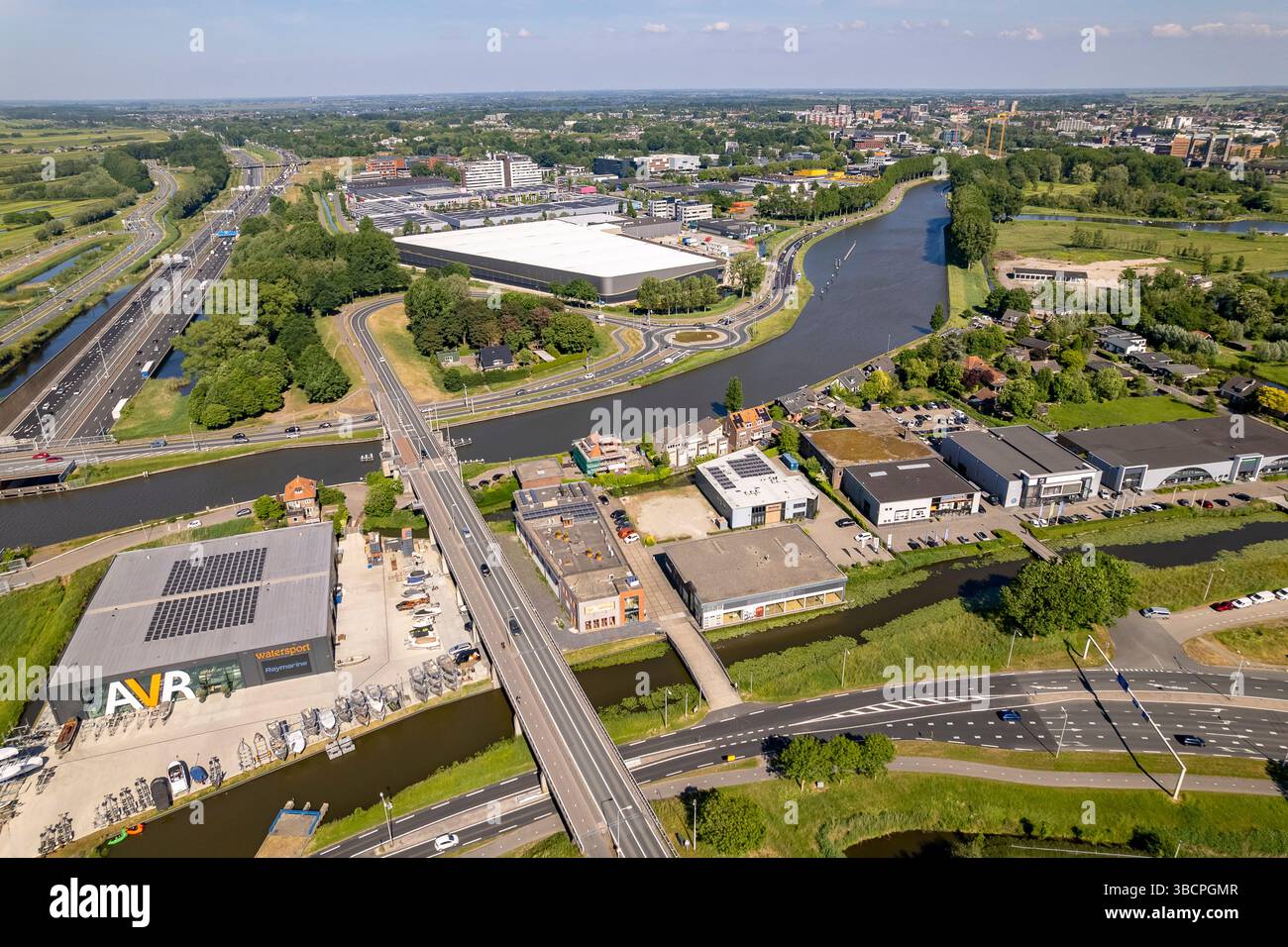 Inland shipping waterway infrastructure over and under freeway ...