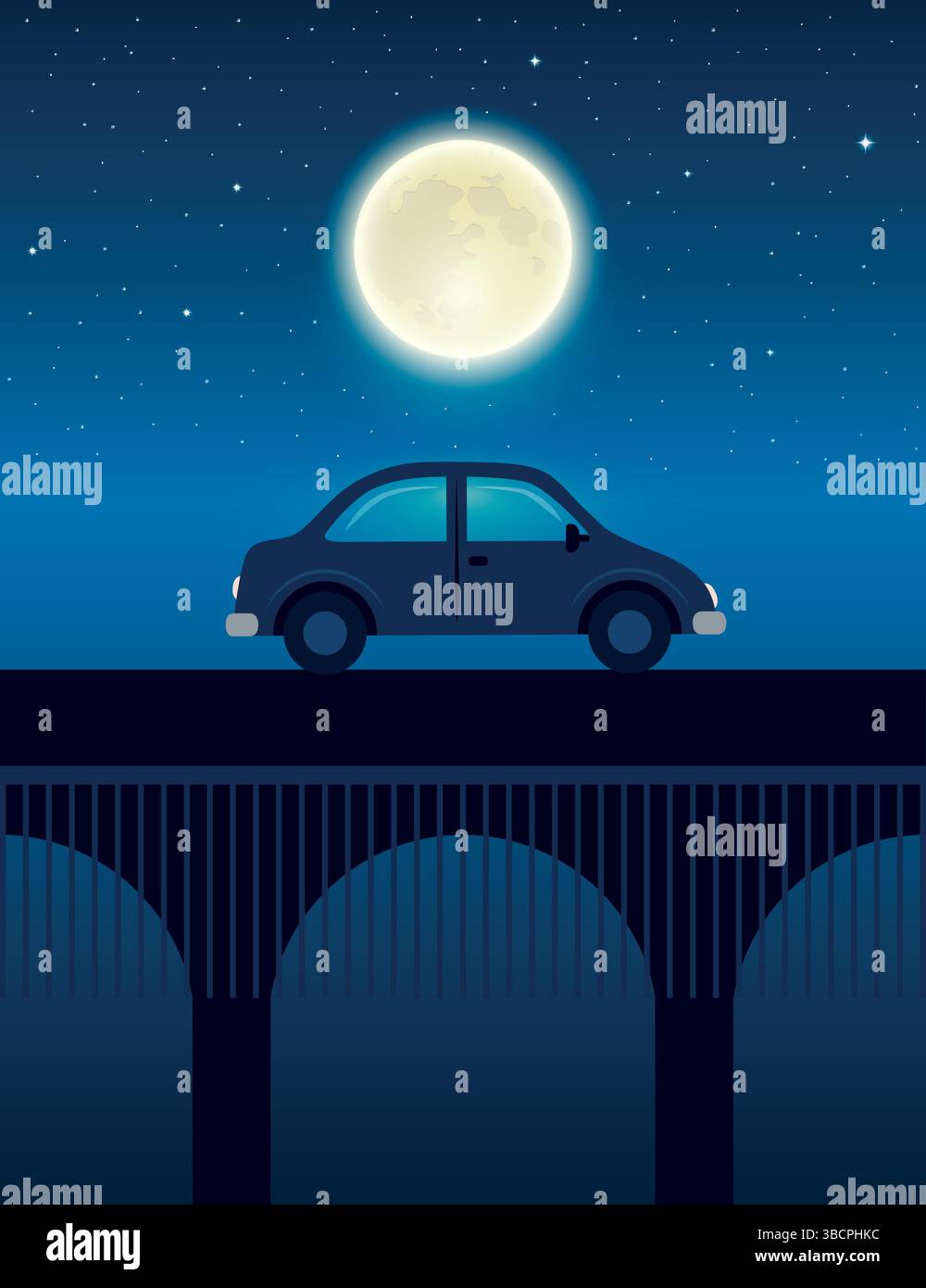 car on a bridge by the lake with full moon and starry night vector ...