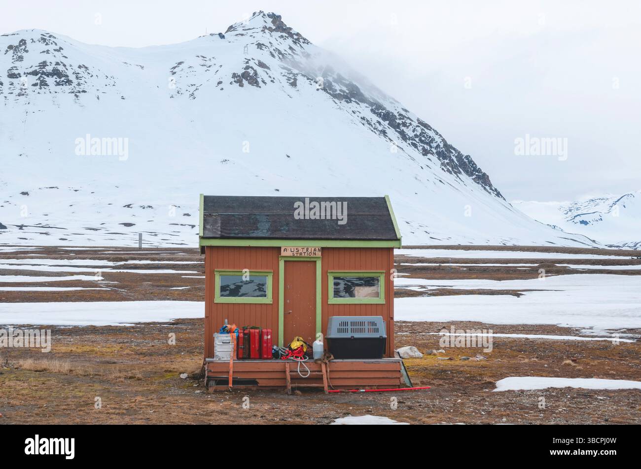 Wooden house of the research station, Norway, Svalbard, Kongsfjorden ...